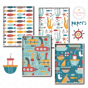 At Sea, Nautical, Boats, Digital Paper Pack, Scrapbook Paper - Etsy