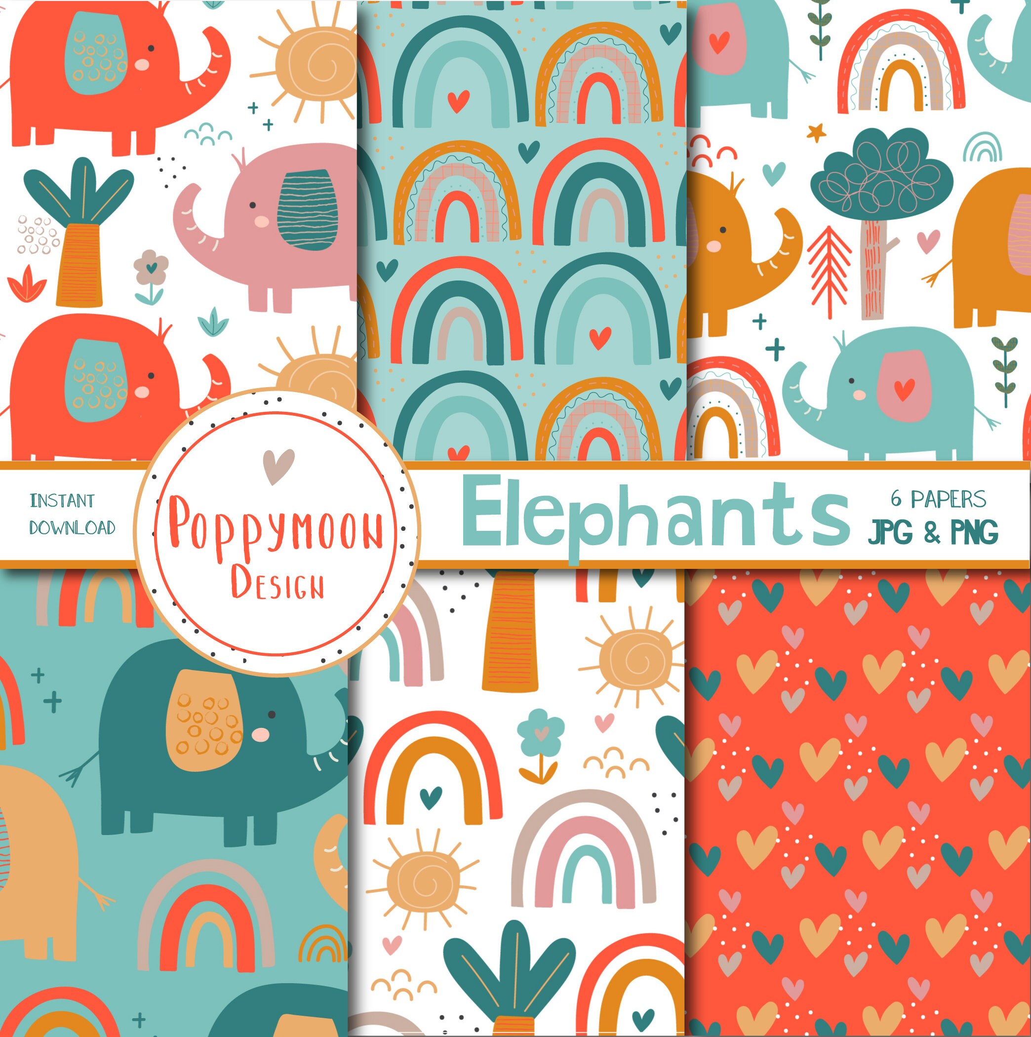Elephants, Colourful Animals, Printable Digital Paper Pack - Etsy UK