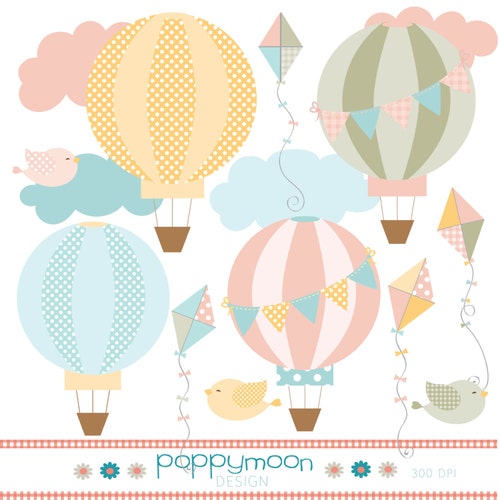 Hot Air Balloon and Kite Pastel Pink Yellow Blue and Green - Etsy