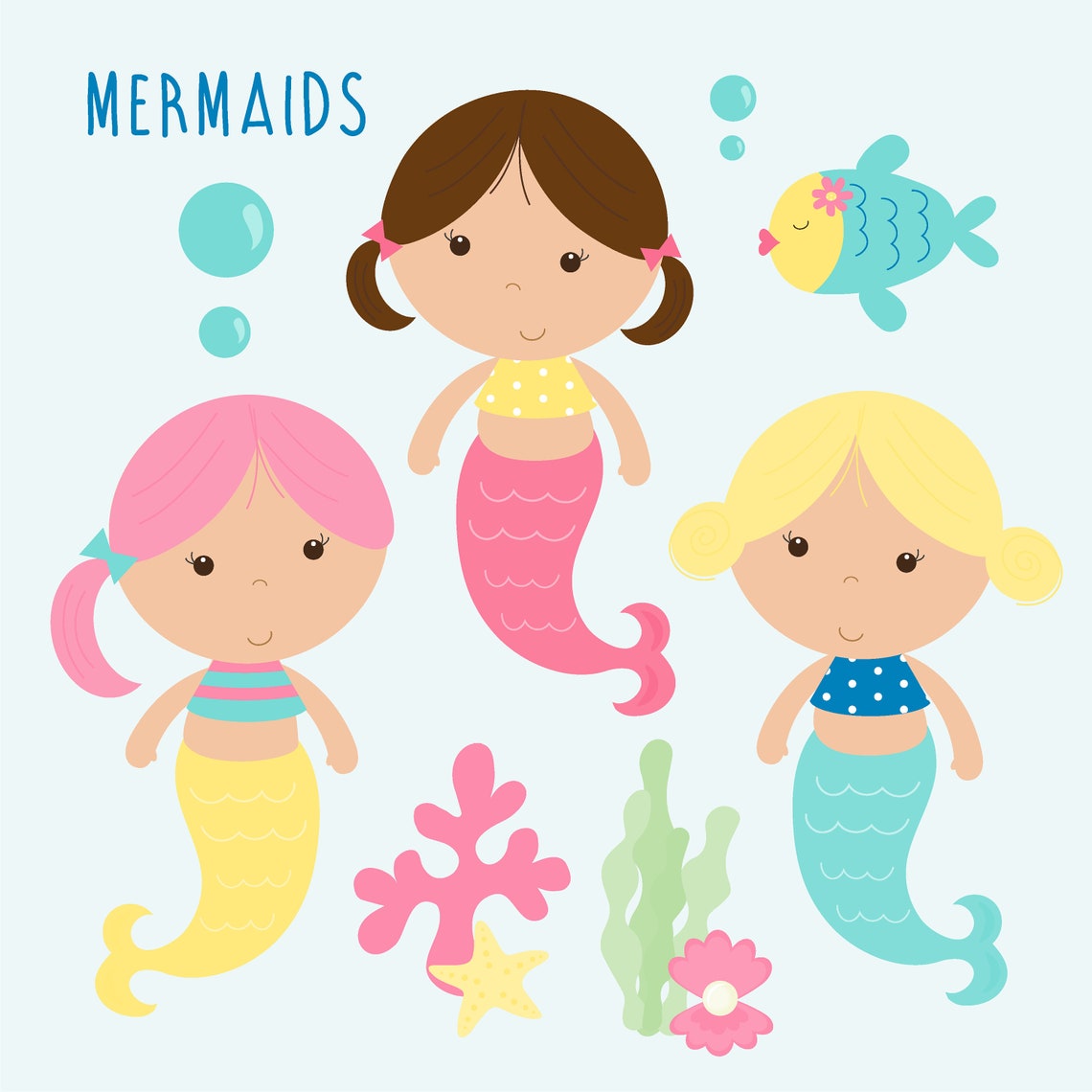 Cute Mermaids Set Digital Clip Art Set - Etsy UK