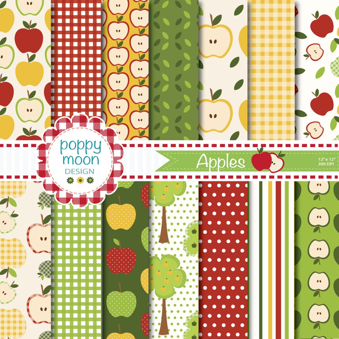 Apple Digital Paper Pack,apples,gingham,stripe and Polka Dots ,yellow ...
