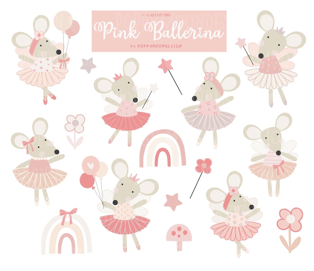 Pink Ballerina Mice Digital Clip Art Bundle - Bow and Rainbow Designs ...