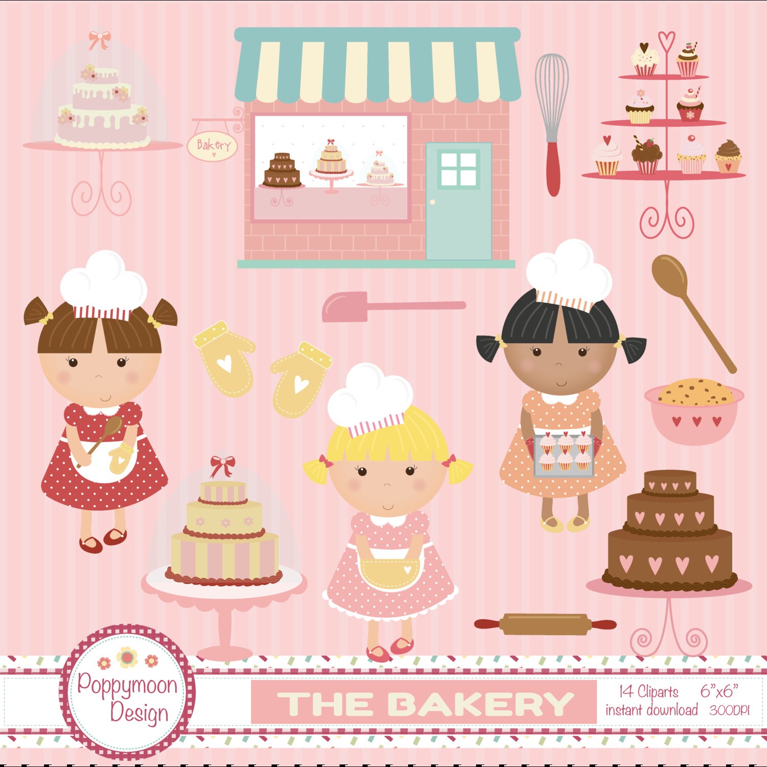 Cute bakery girl chef cakes digital clip art set | Etsy