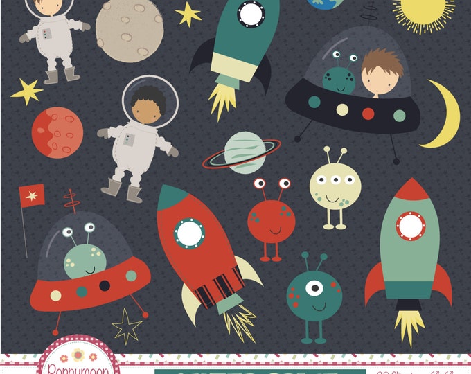 Outer Space Clipart, Boy Astronauts, Rockets, Aliens, Planets, Star ...