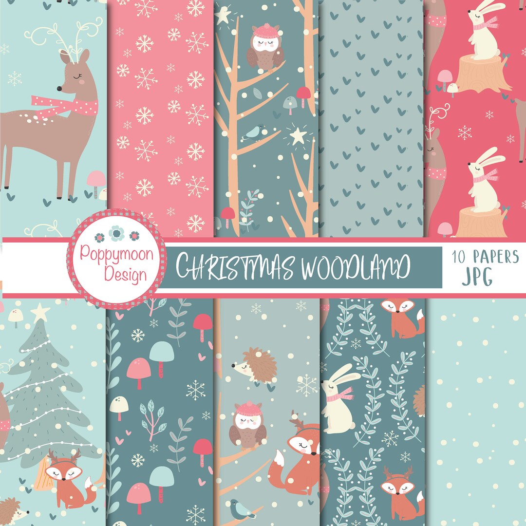 Christmas Woodland, Printable Digital Paper Pack, Commercial and ...