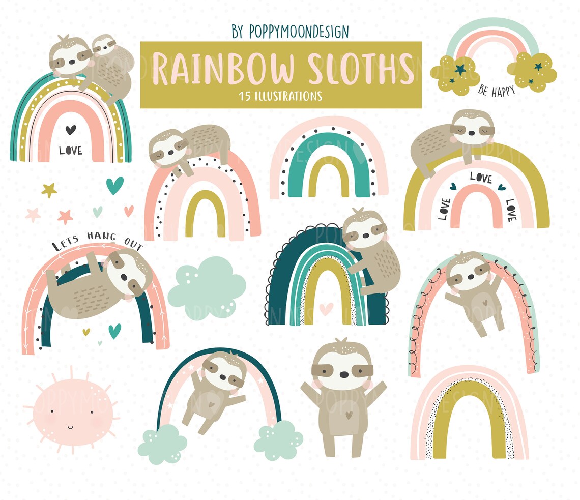 Rainbow Sloths pastel digital clip art set | Etsy