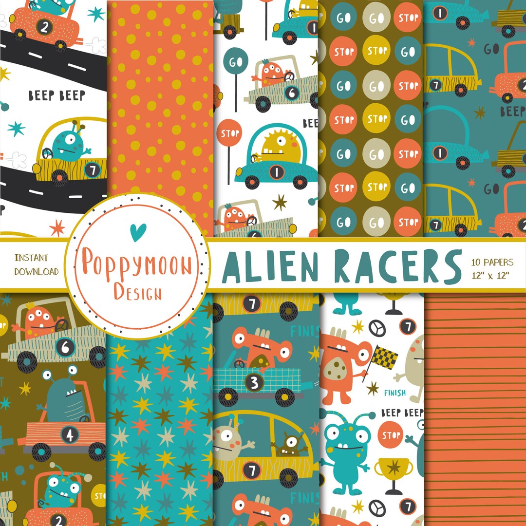 Alien Racers, Transport, Printable Digital Paper Pack - Etsy