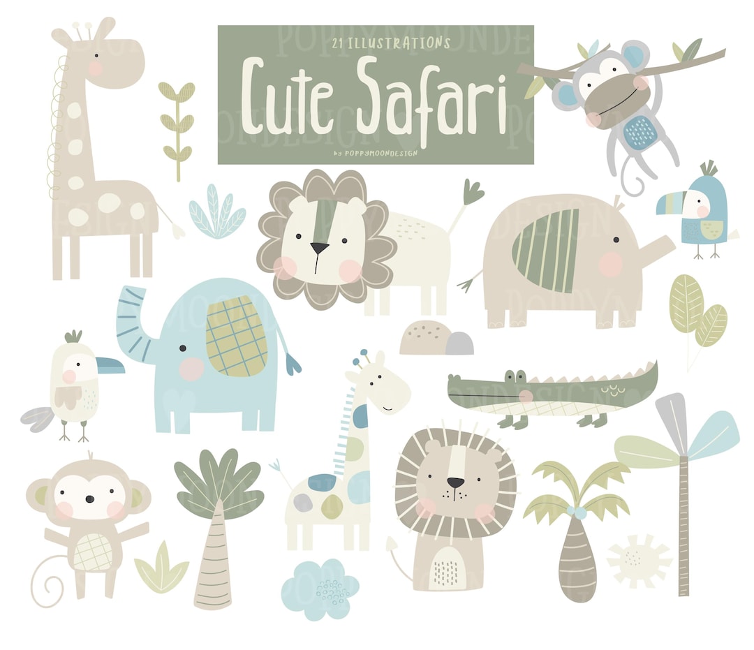 Cute Safari, Baby Boy Nursery Jungle Animals Graphics - Digital Art Set ...