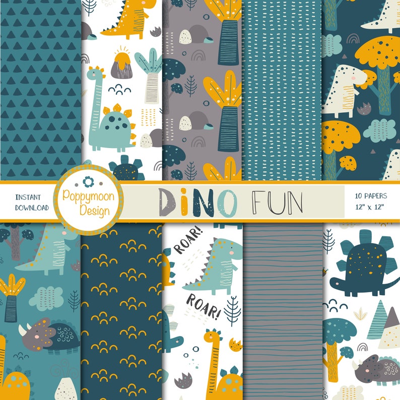 Dino fun dinosaurs printable digital paper pack | Etsy