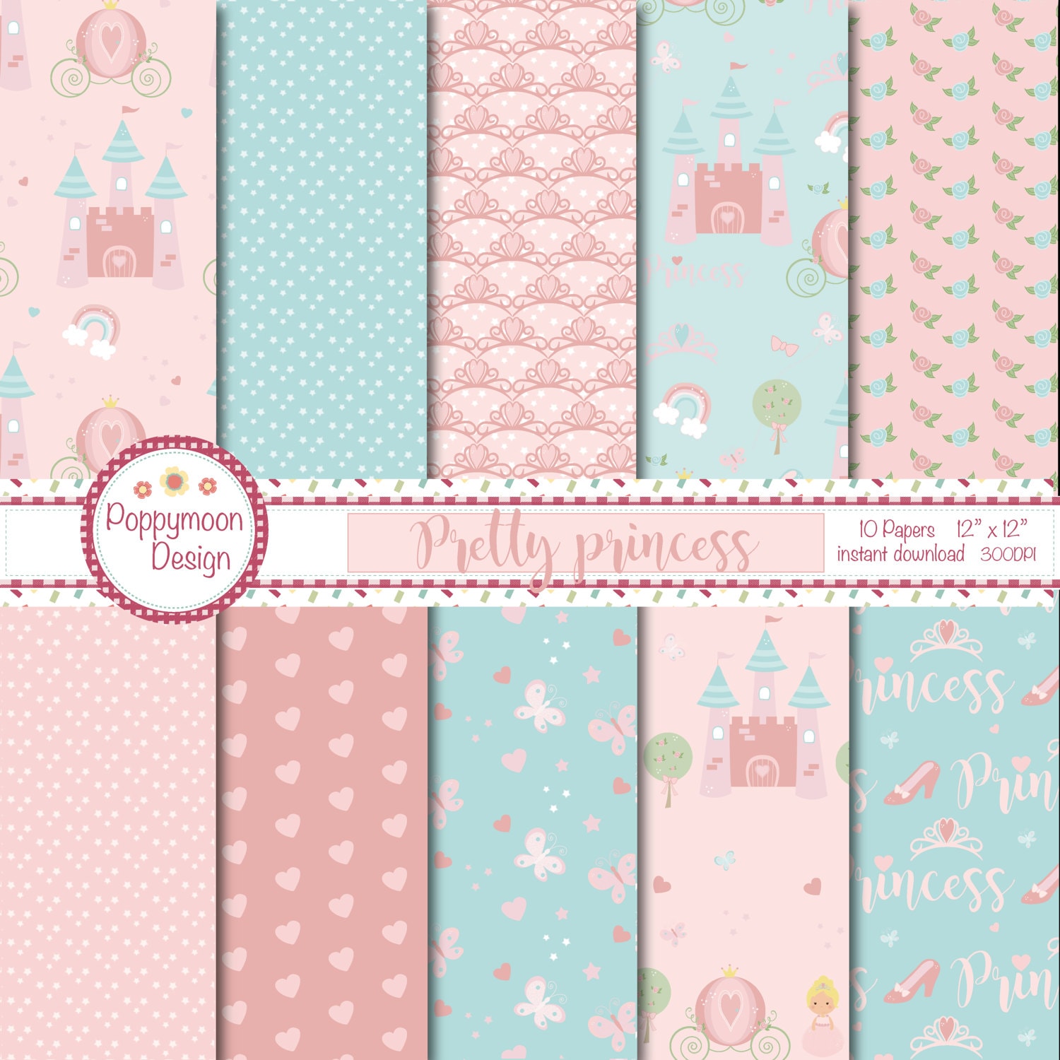 Pink Princessescarriage and Castle Printable Digital Paper | Etsy UK
