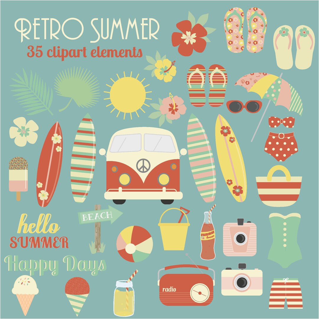 Retro Summer, Camper Van and Surfboards, Digital Printable Clipart - Etsy