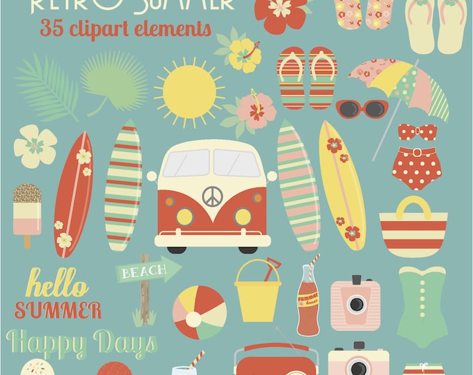 Retro Summer Camper Van and Surfboards Digital Printable - Etsy