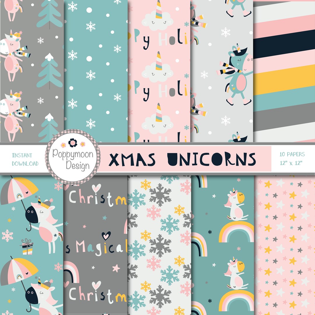 Xmas Unicorns, Magical Christmas, Winter, Printable Digital Paper Pack ...