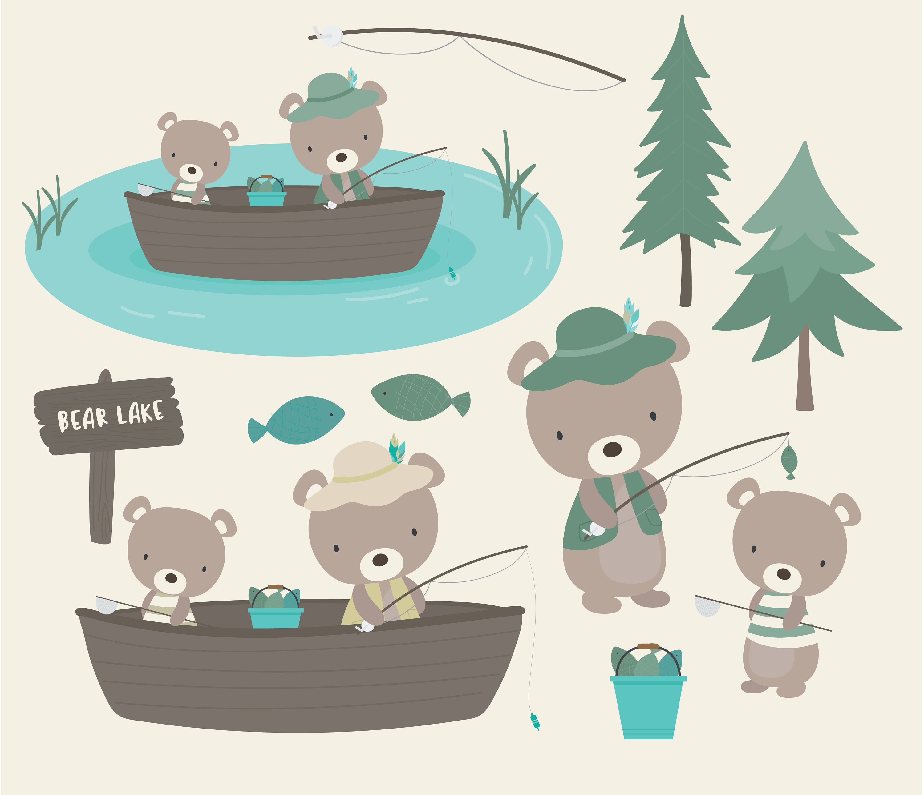 Fishing Bears Printable Digital Clipart Set | Etsy UK
