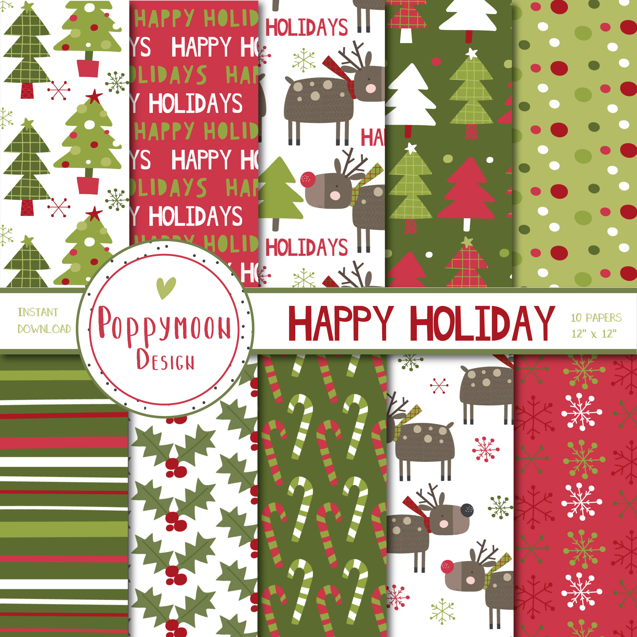 Happy Holiday Christmas Papers Printable Digital Paper Pack - Etsy