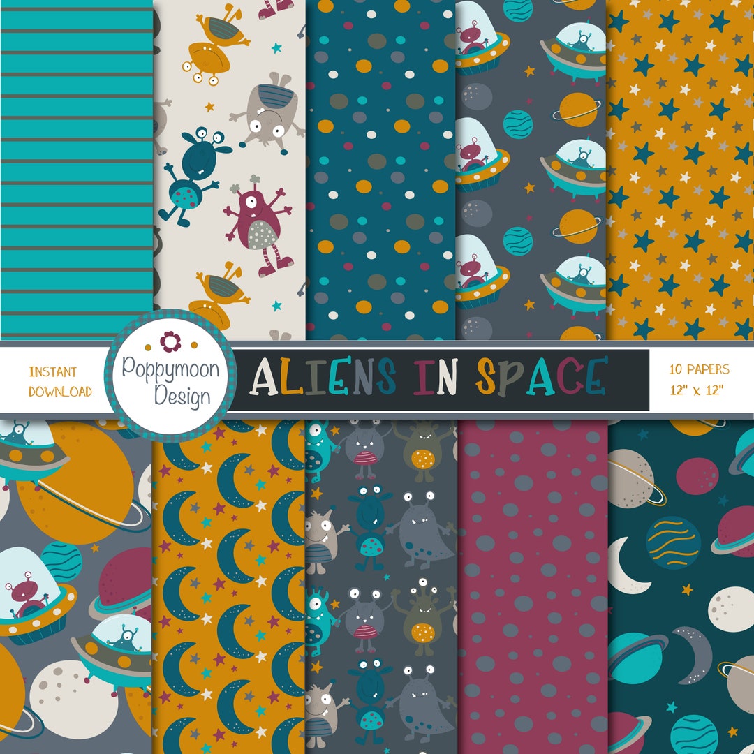Aliens in Space Paper, Spaceships, Planets, Kids,, Printable Digital ...