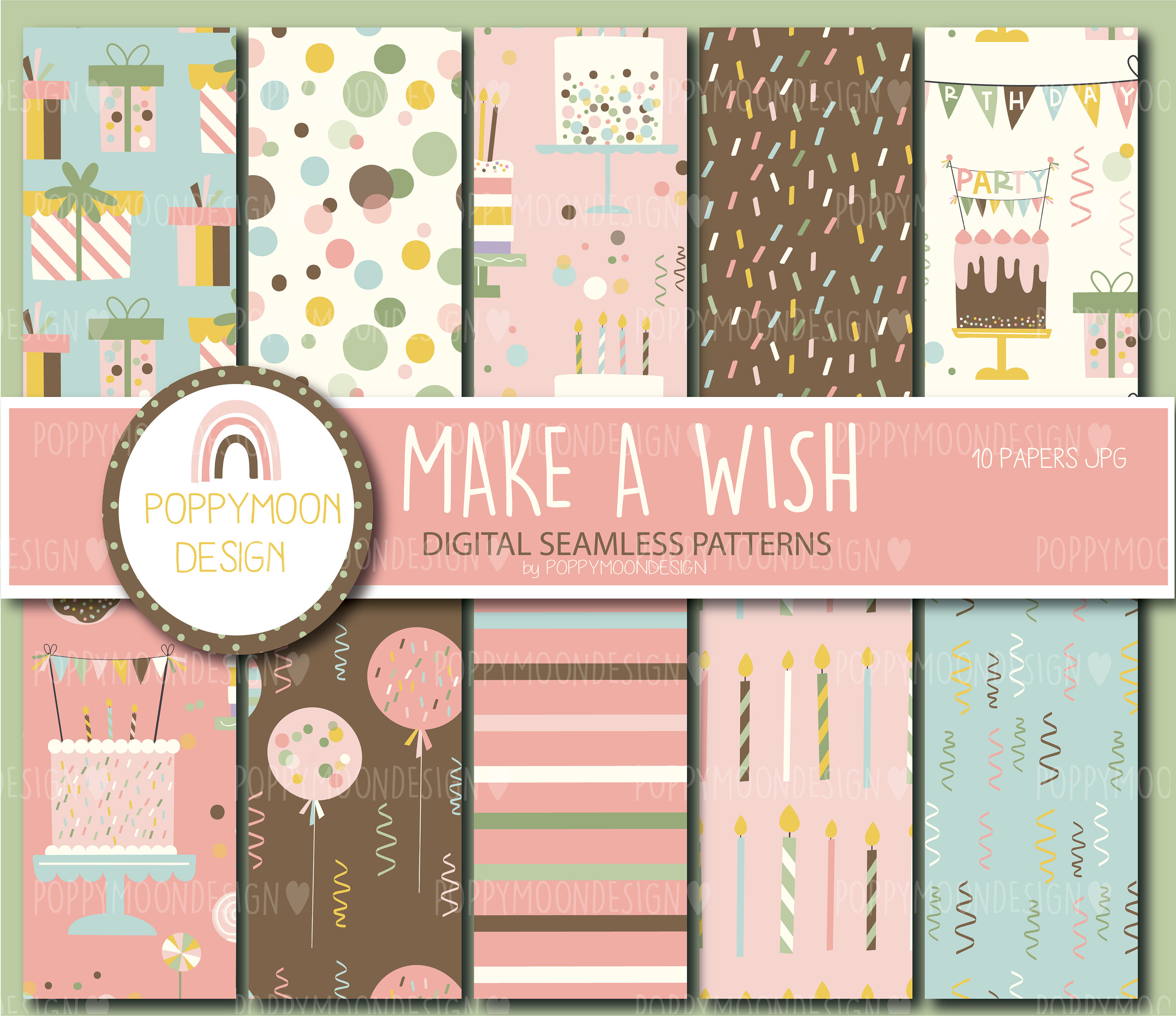 Make a Wish, Birthday Patterns, Printable Seamless Digital Paper Pack ...