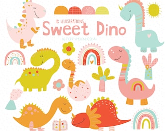 Girl Dinos Digital Clipart Set | Etsy