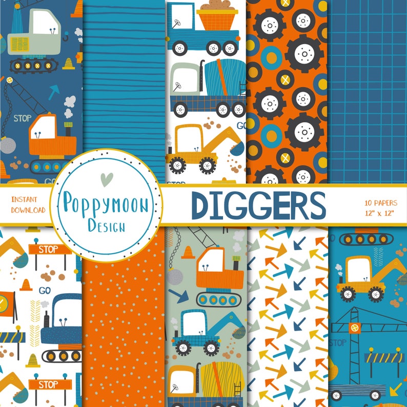 Diggers, Construction, Colourful, Digital Paper Pack, Scrapbook Paper ...