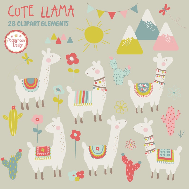 Cute Llamas, Cactus and Mountains, Printable Digital Clipart Set - Etsy