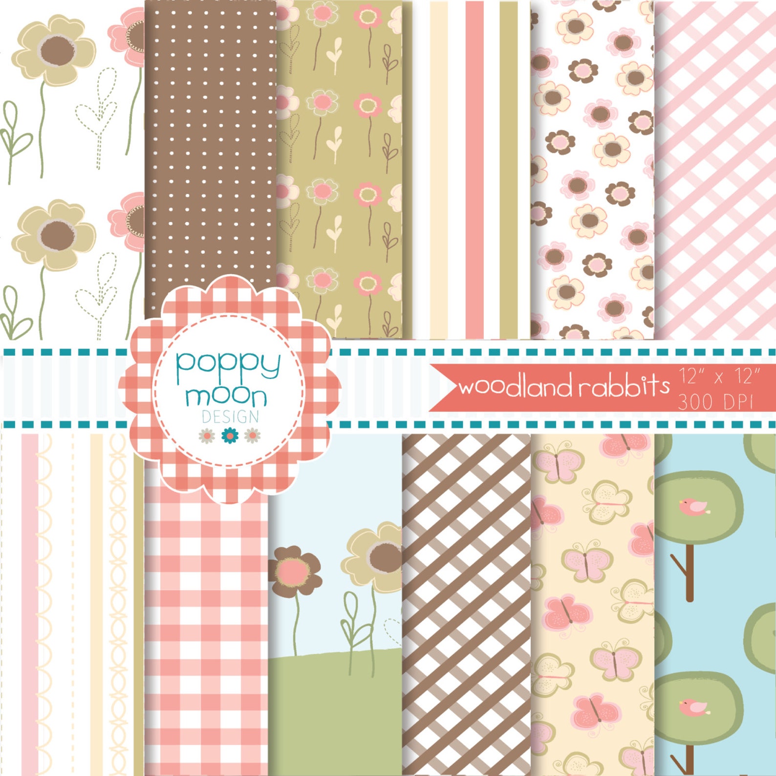 Woodland Rabbits, Pink and Creams, Printable Digital Paper Pack - Etsy