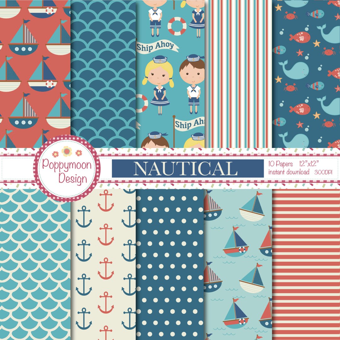 Nautical Boy and Girl Sailors, Blue and Red, Digital Paper Pack - Etsy