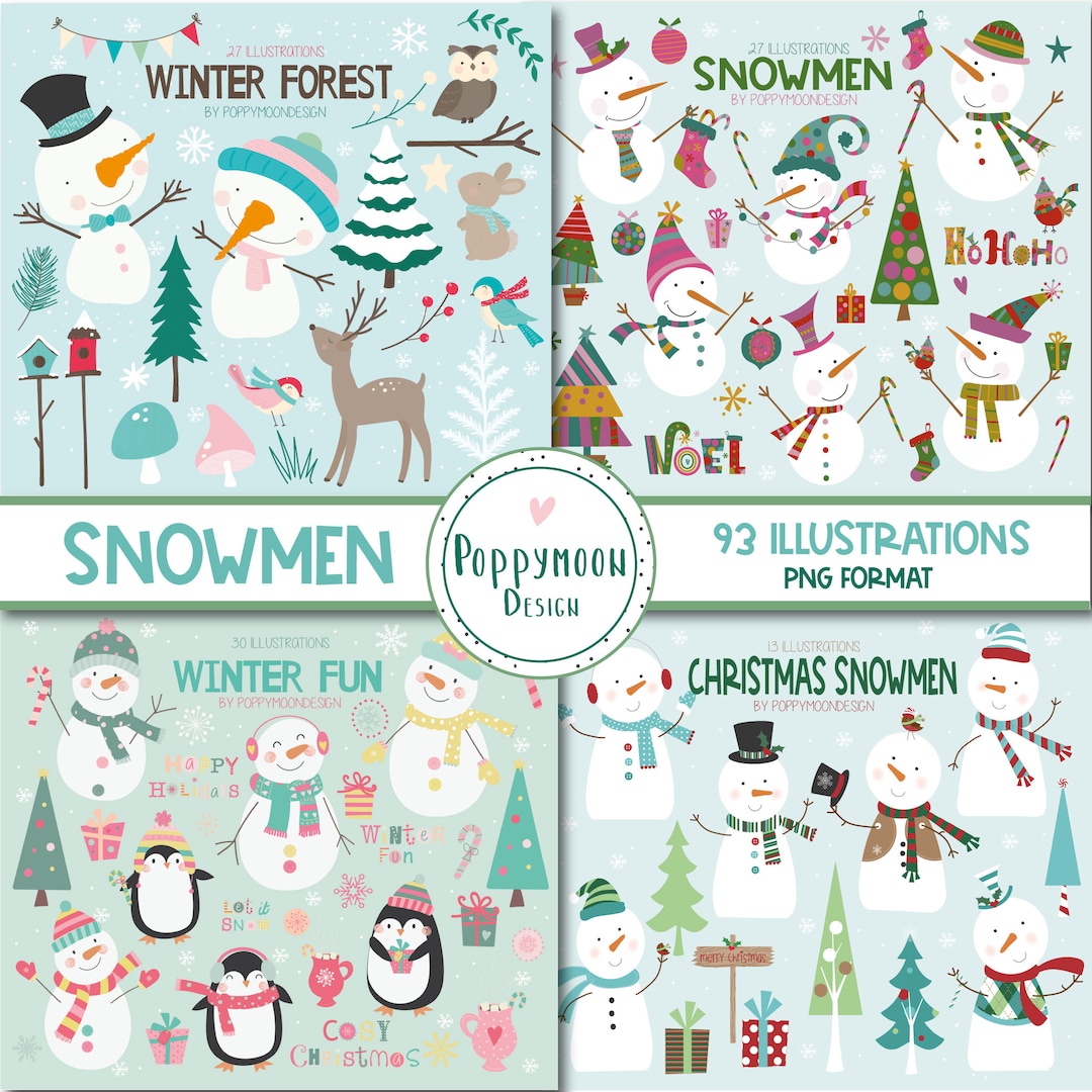 Snowmen Pack, Winter Illustrations, Christmas Set, Colourful Digital ...
