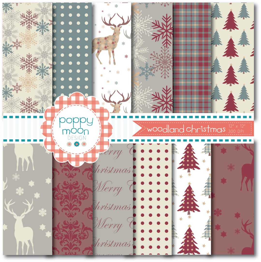 Woodland Christmas Deers and Trees, Printable Digital Paper Pack - Etsy