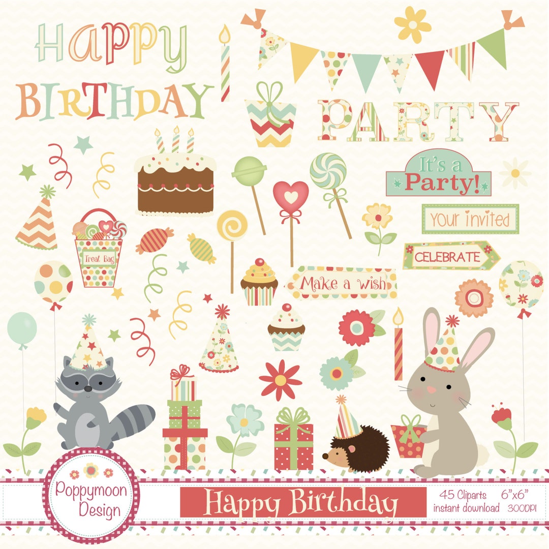 Great Big Happy Birthday Bundle, Animals, Candy,kids, Digital Clipart ...