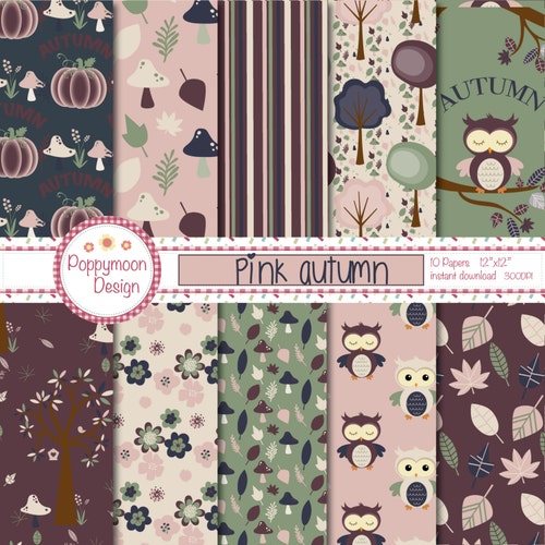 Pink Autumnowlstrees and Leaves Printable Digital Paper - Etsy