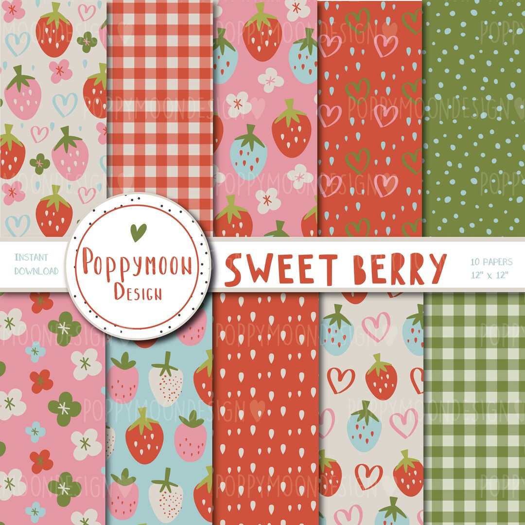 Sweet Berry, Strawberries, Fruit, Digital Paper Pack, Scrapbook Paper ...