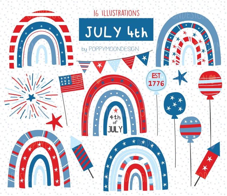 July 4th Rainbows Printable Digital Clipart Set | Etsy