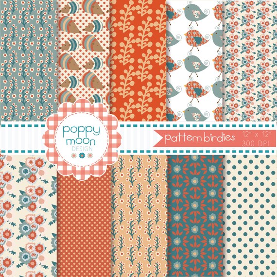 Pattern Autumn Birds and Flower Digital Paper Pack | Etsy