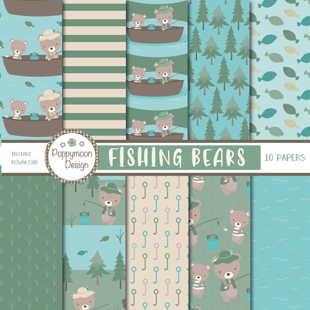 Fishing Bears , Printable Digital Paper Pack. - Etsy