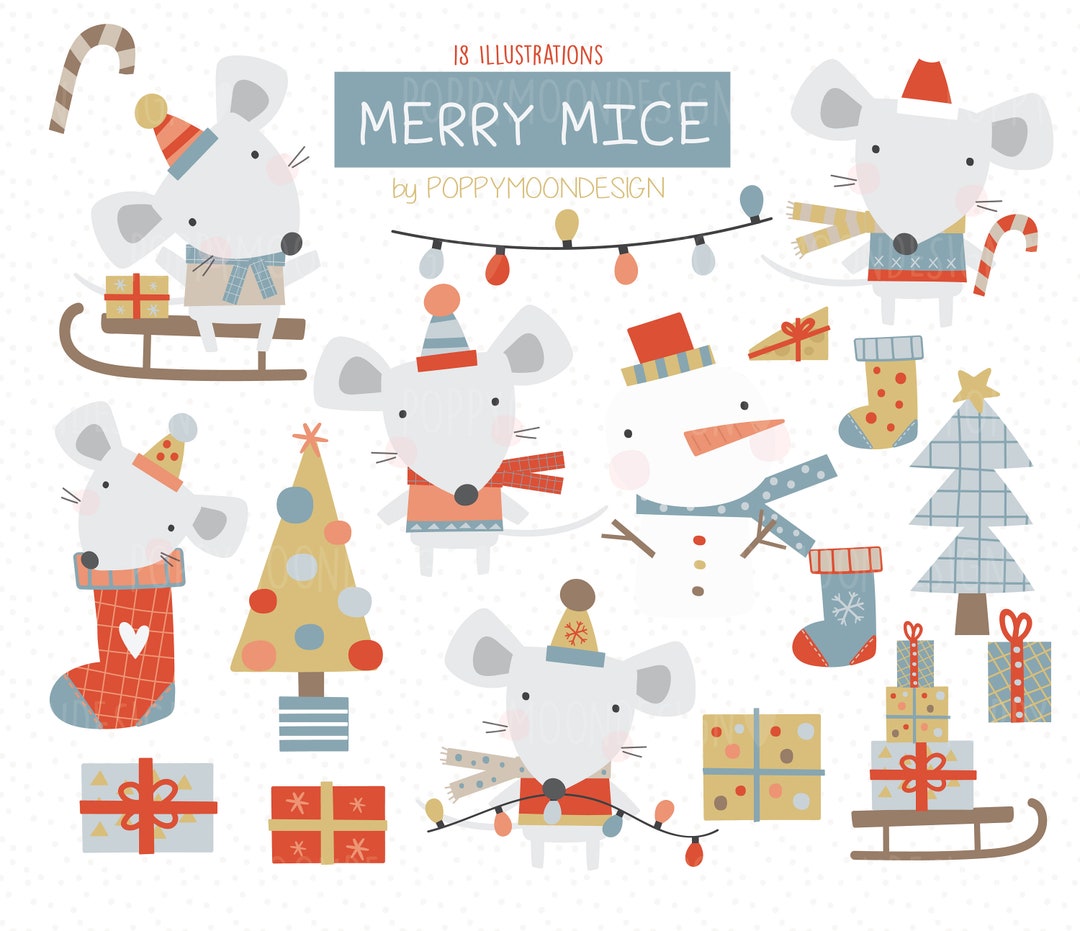 Merry Mice Clipart, Christmas Illustrations, Printable Digital Clipart ...
