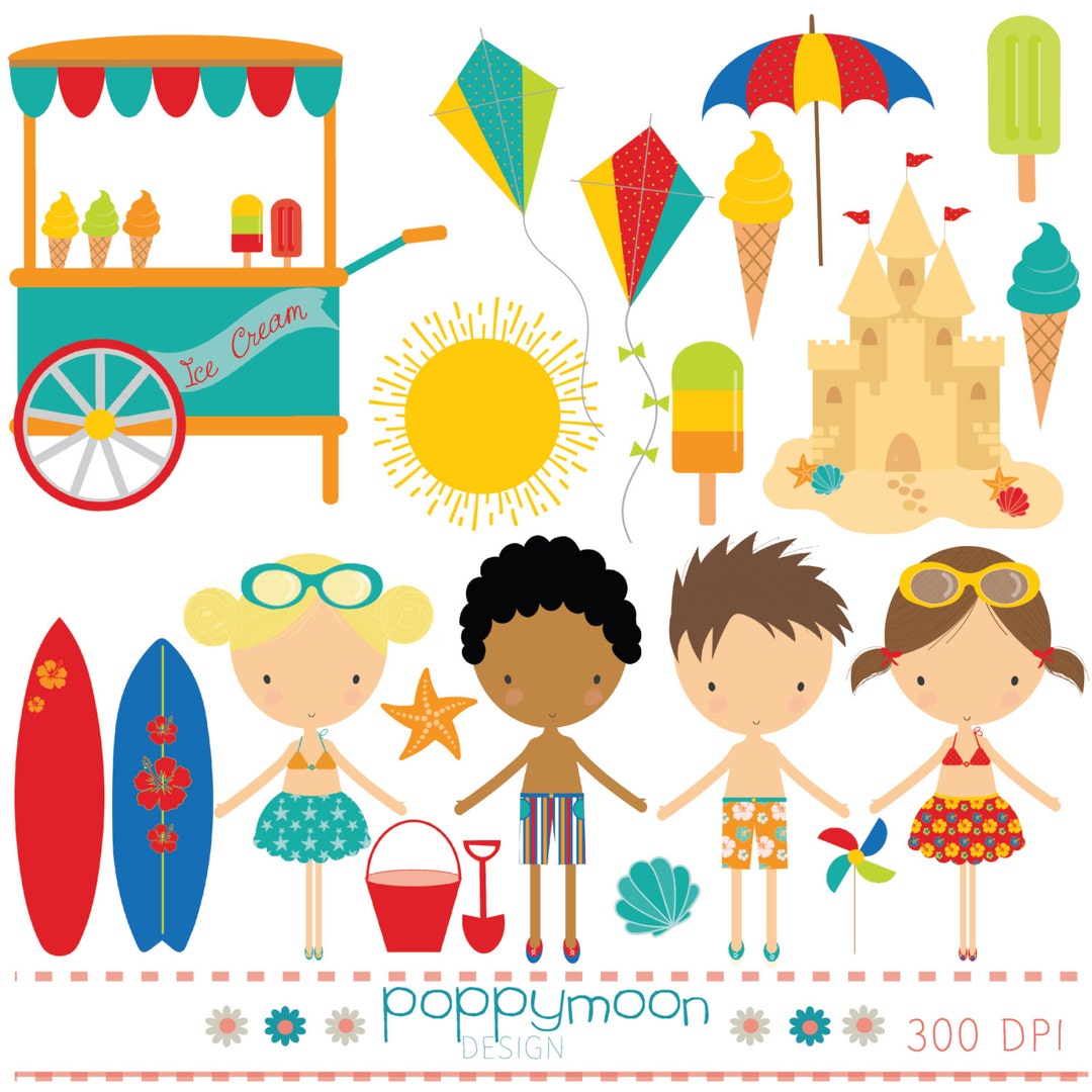 Beach Girls,boys,ice Cream Cart and Sandcastle, Digital Clip Art Set - Etsy