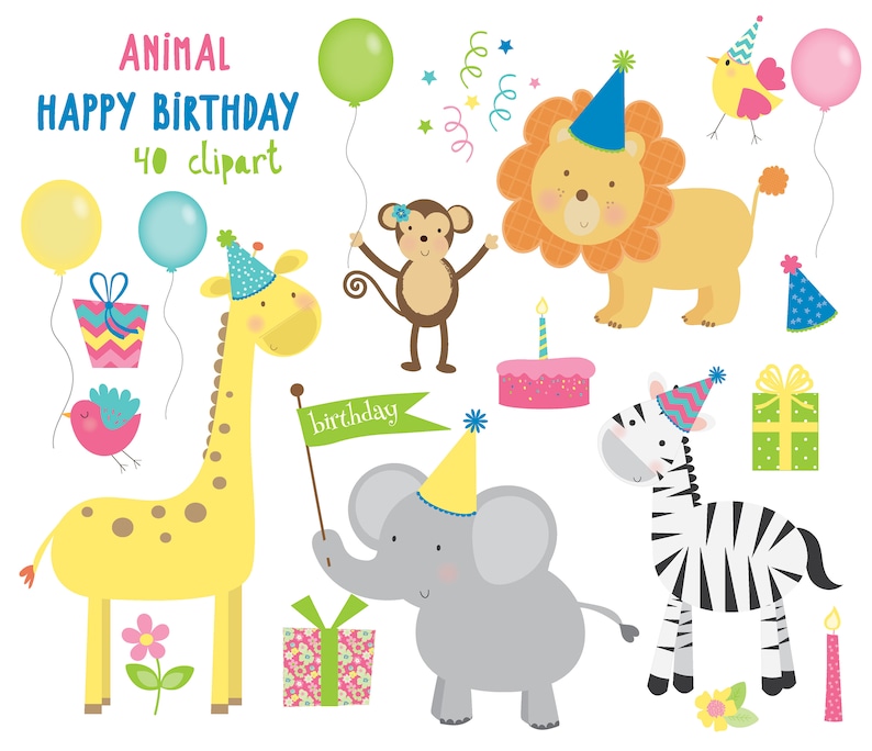 Happy Birthday Animals Digital Clipart Set - Etsy