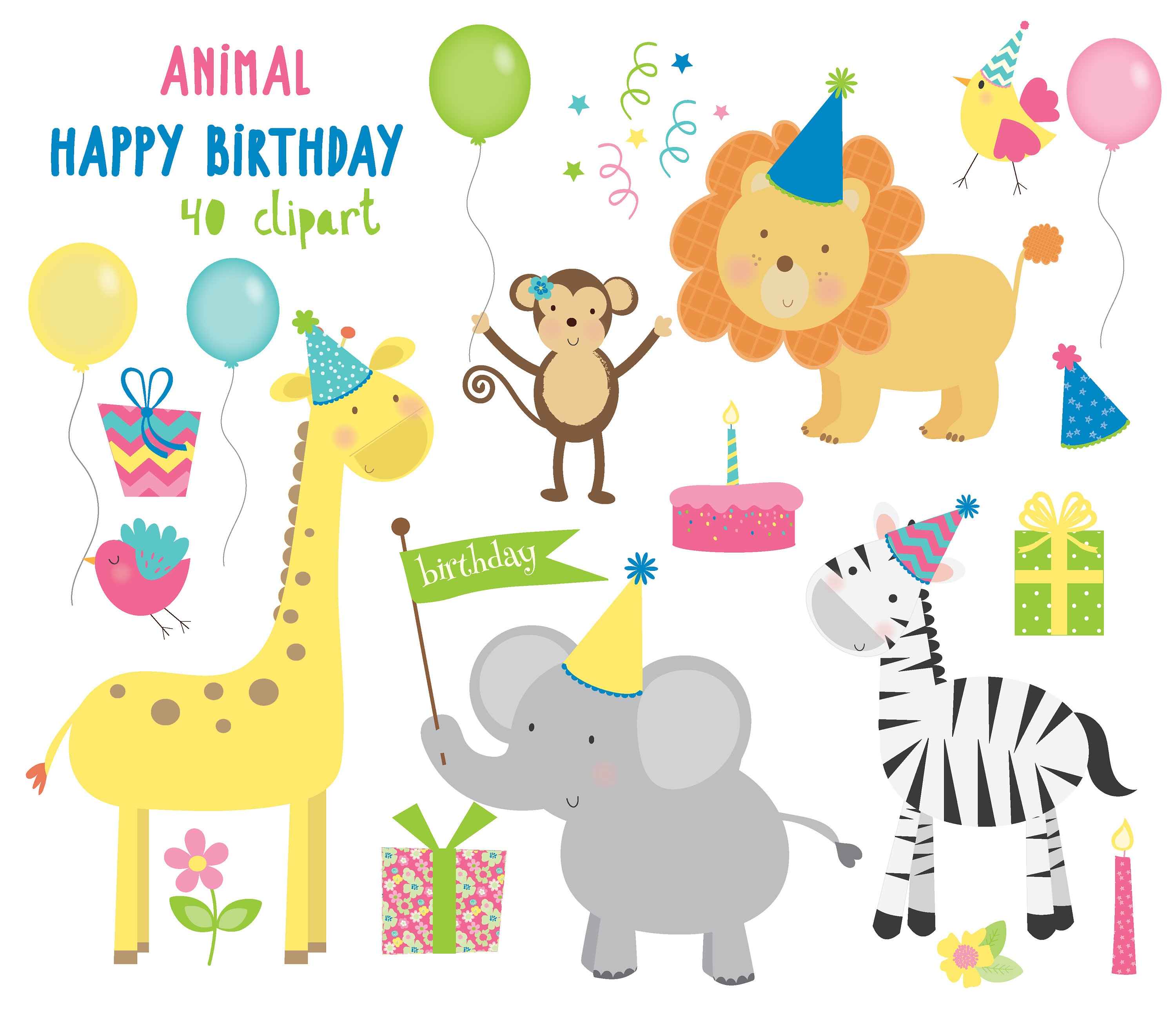 Happy Birthday Animals Digital Clipart Set | Etsy