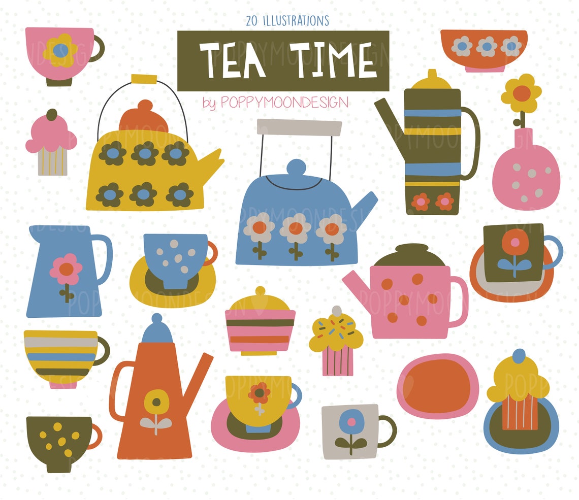 Tea Time Retro Tea Set Digital Printable Clipart - Etsy