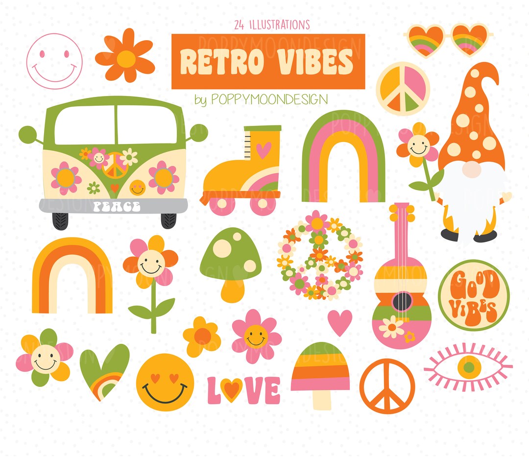 Retro Vibes Hippie, Flower Power, Digital Printable Clipart - Etsy
