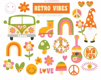 Retro Vibes Digital Clipart Set, Retro 60s 70s 90s, Groovy Hippie ...