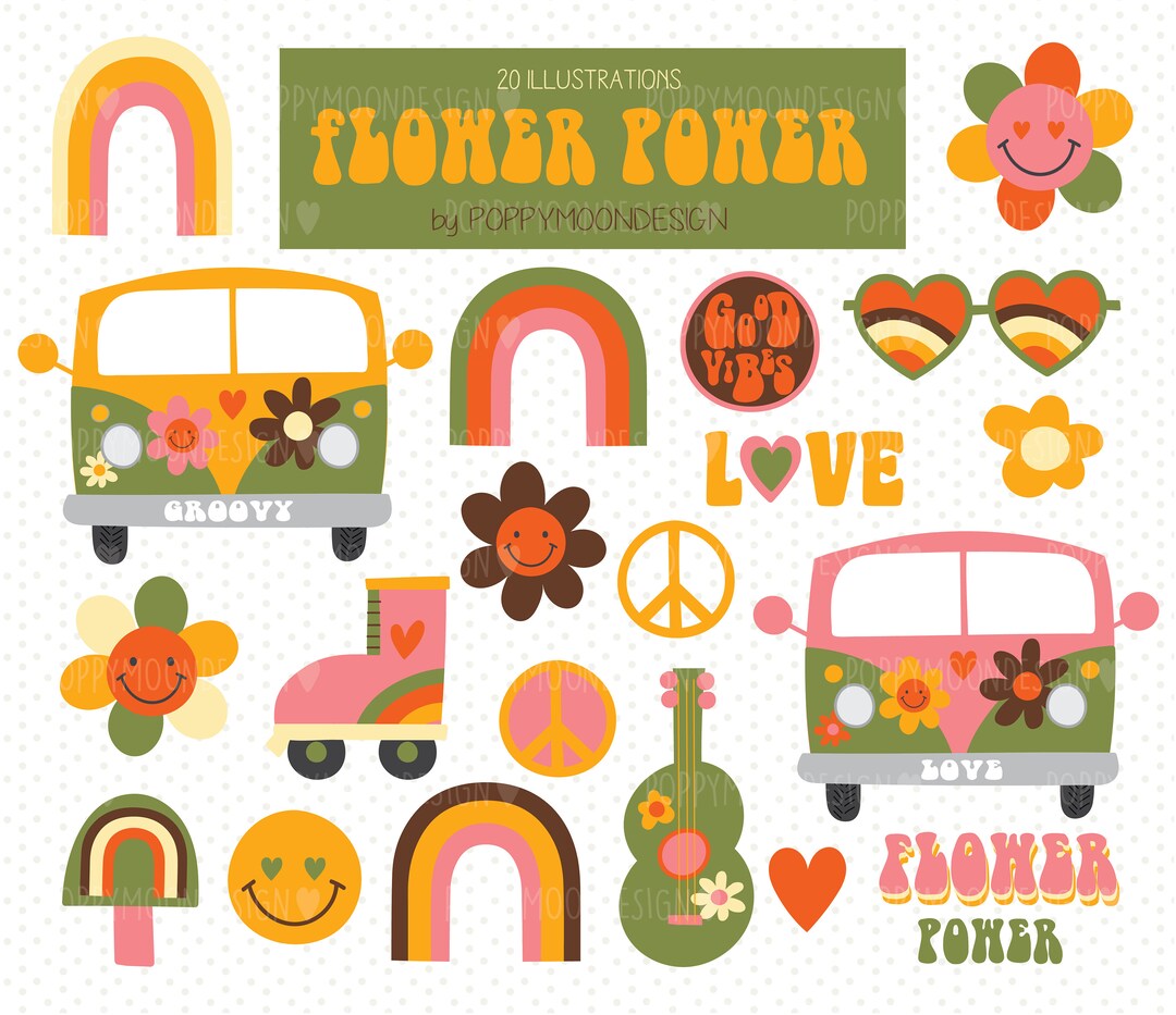 Flower Power, Groovy, Retro, Vintage, Digital Printable Clipart - Etsy