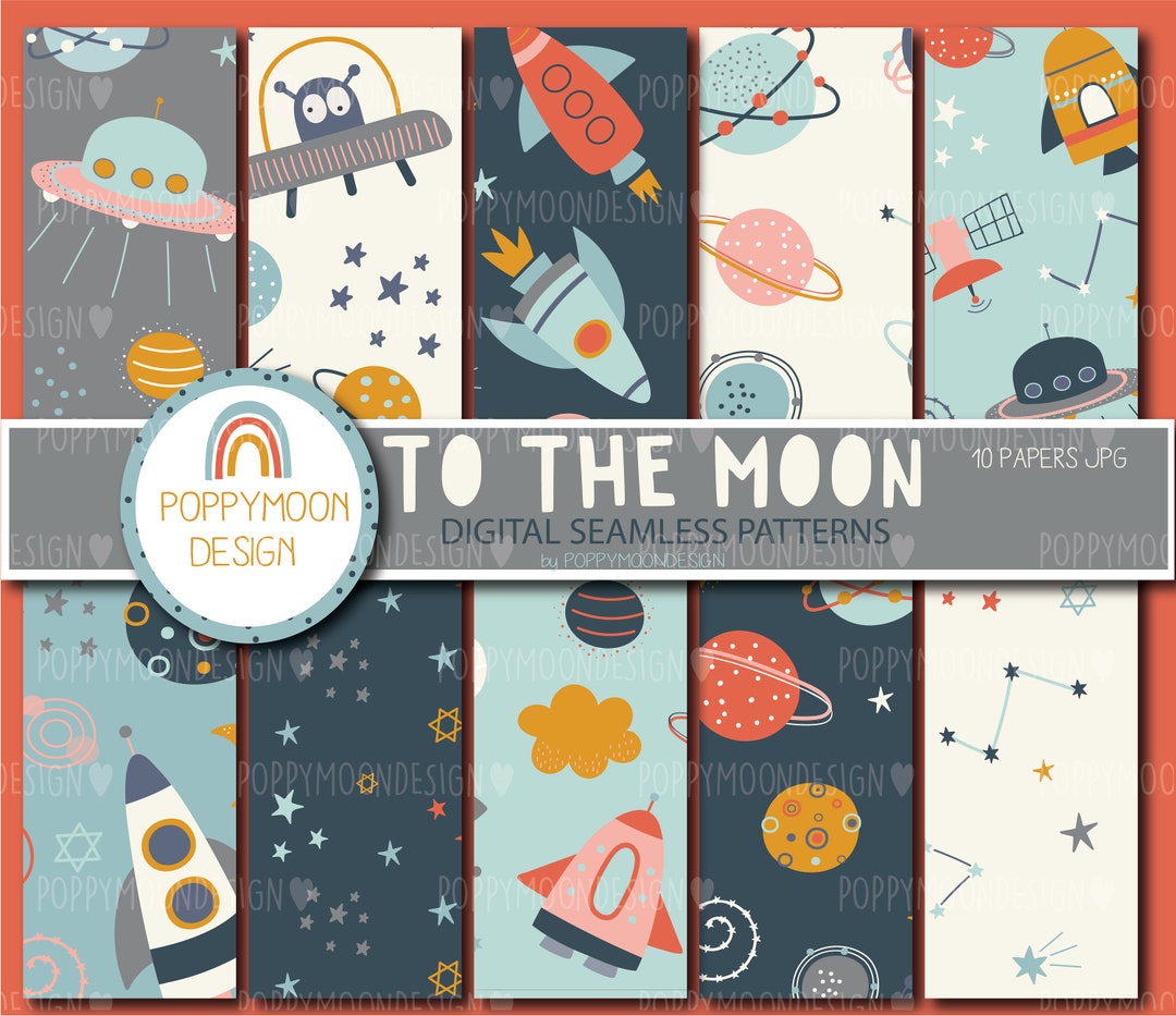 TO the Moon, Space Rockets, Outer Space, Printable Seamless Digital ...