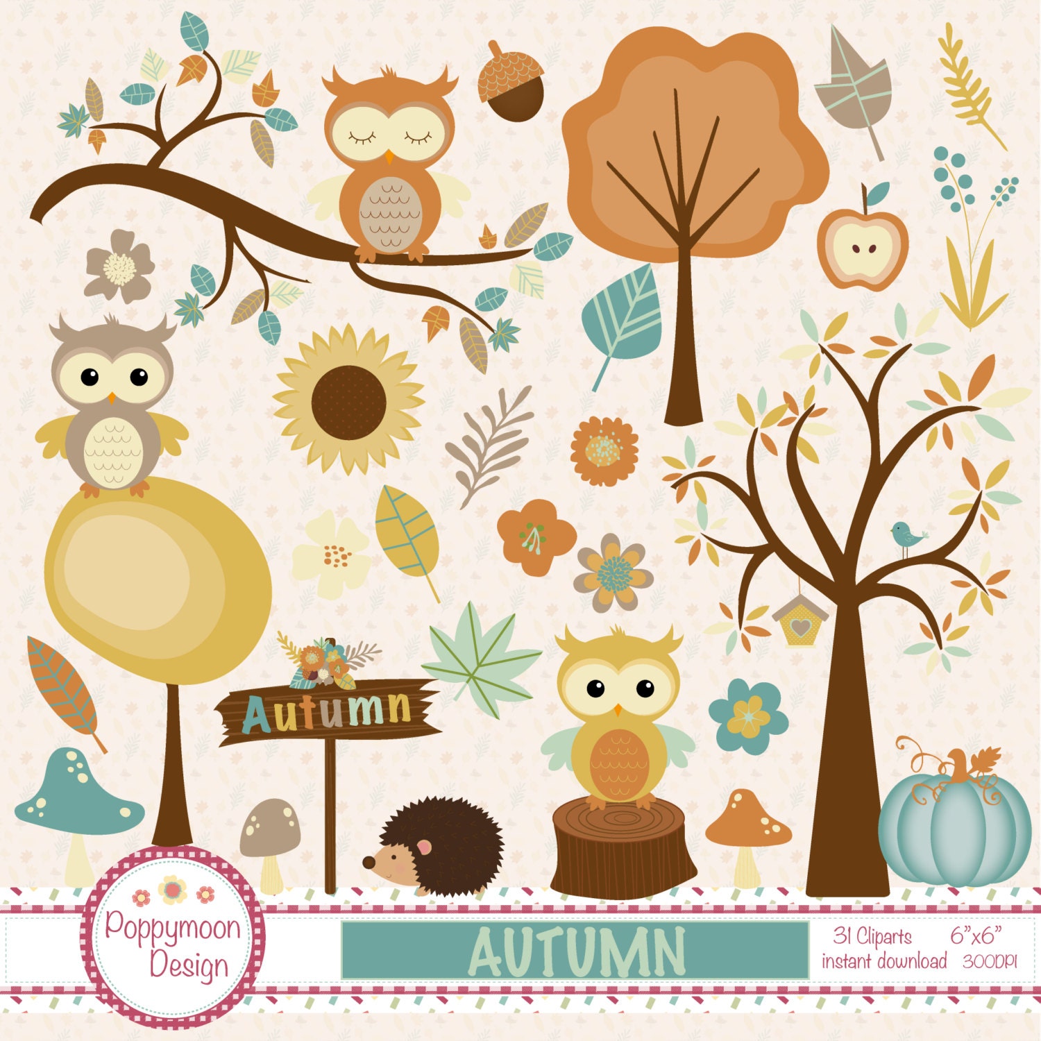 Autumn Owls, Leaves,toadstools,trees,teal and Brown Printable Digital ...