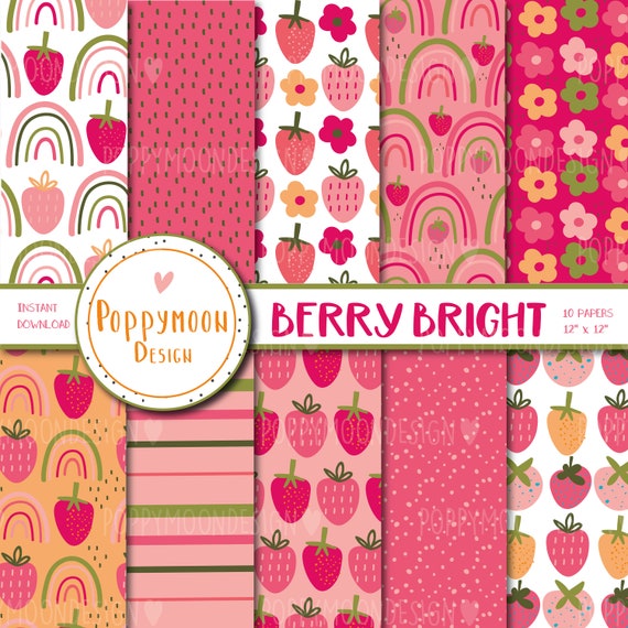 Berry Bright Strawberries Digital Paper Pack Scrapbook - Etsy