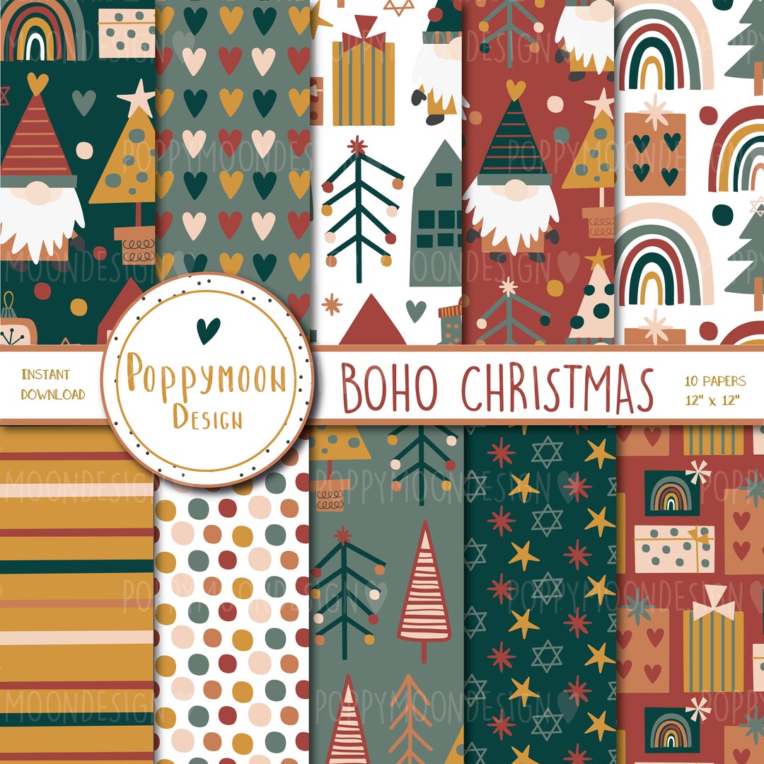 Boho Christmas Paper Set, Christmas, Festive, Printable Digital Paper ...