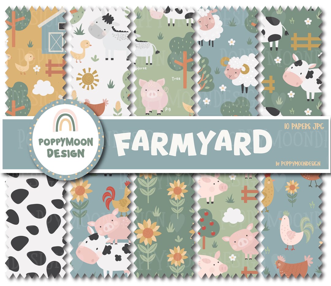Farmyard Digital Patterns: Cute Animals, Barn, Crops, Trees - Instant ...