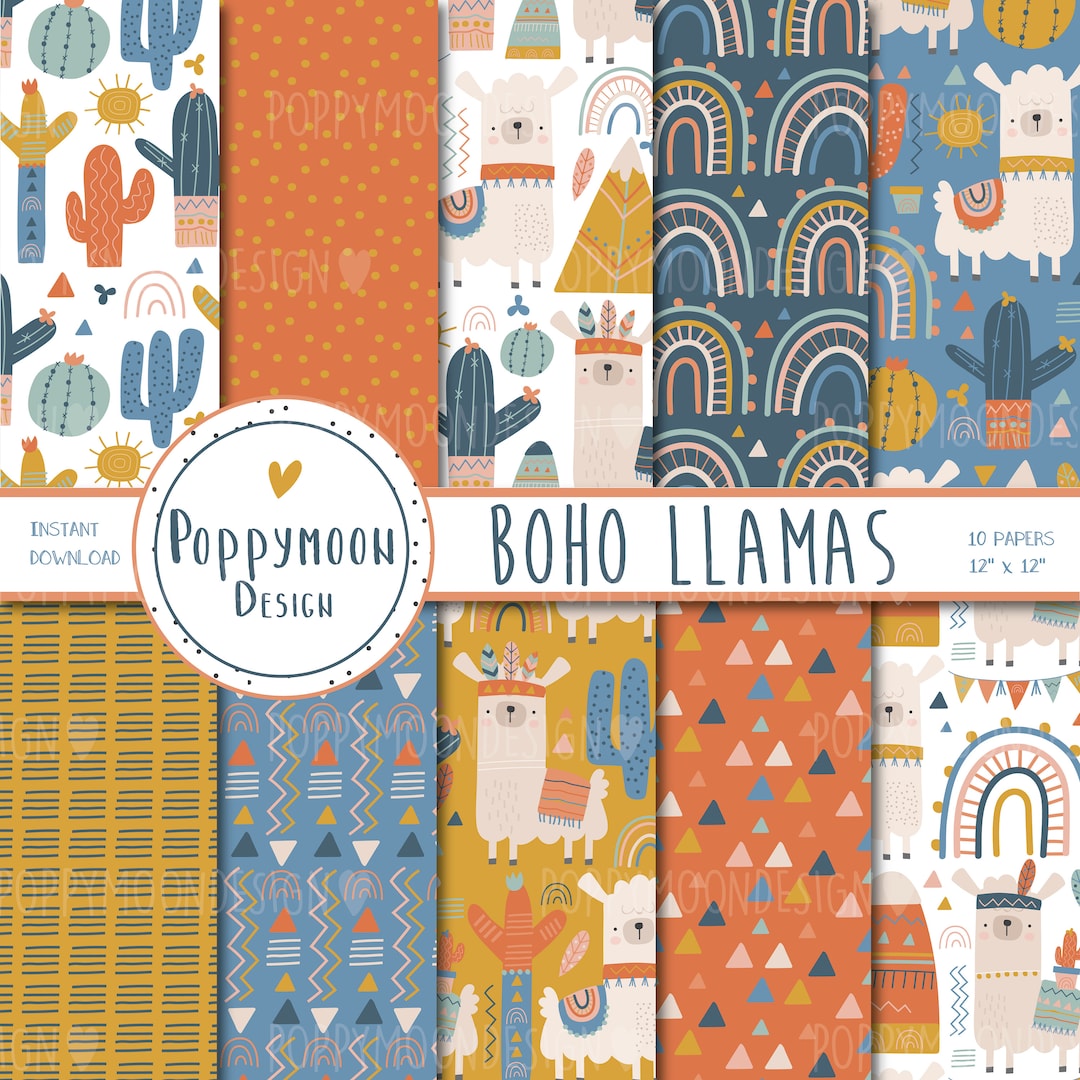 Boho Llamas, Bohemian , Digital Paper Pack, Scrapbook Paper - Etsy