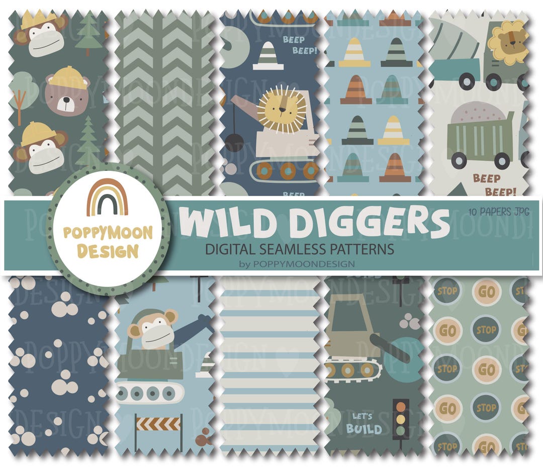 Construction Animals on Diggers Seamless Paper - Cute Animal Pattern - Etsy
