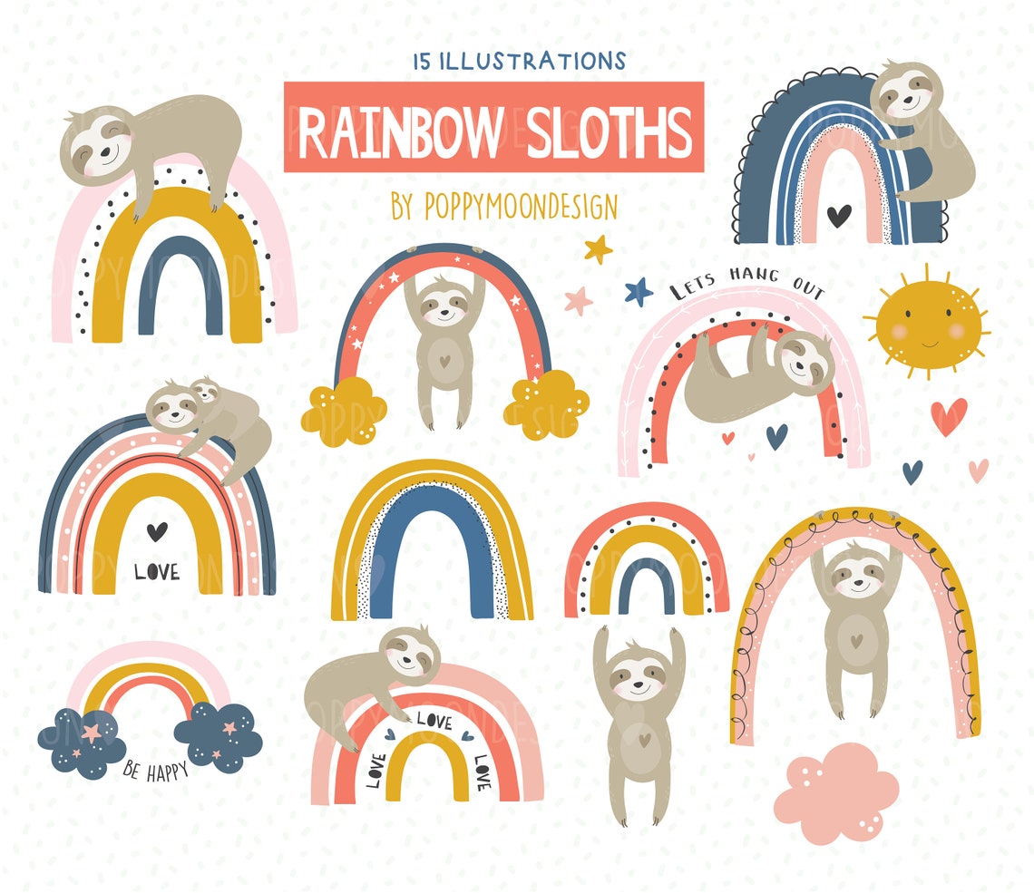 Rainbow Sloths Digital Clip Art Set | Etsy